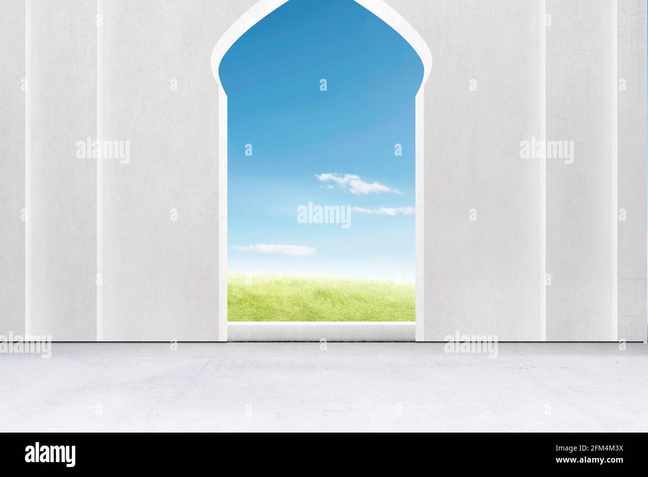 Mosque door with a green field and blue sky background Stock Photo - Alamy