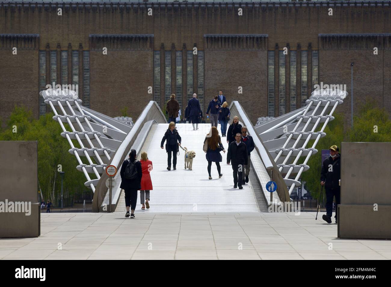 London, England, UK. People and a dog on the Millennium Bridge, looking ...