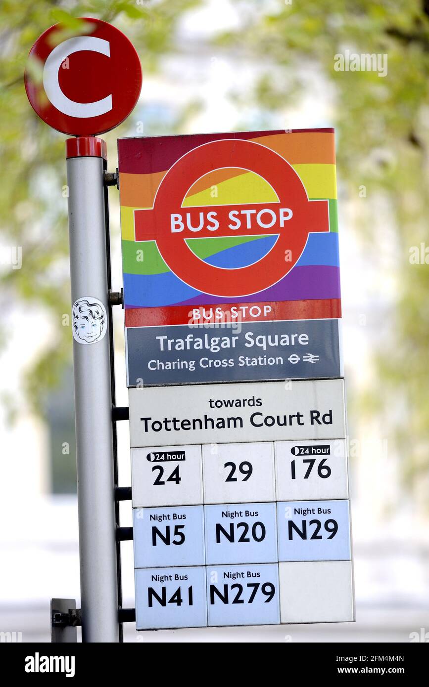 London, England, UK. Rainbow bus stop sign in Trafalgar Square ...