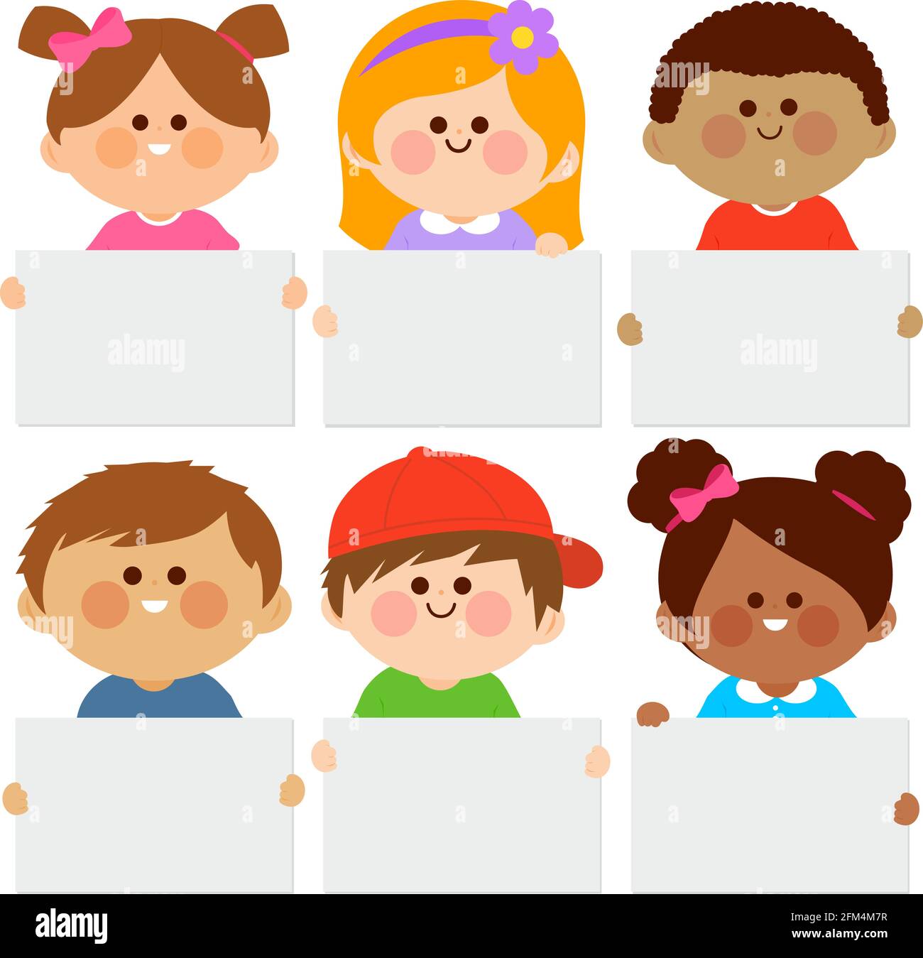Diverse group of children holding blank placards. Vector illustration ...