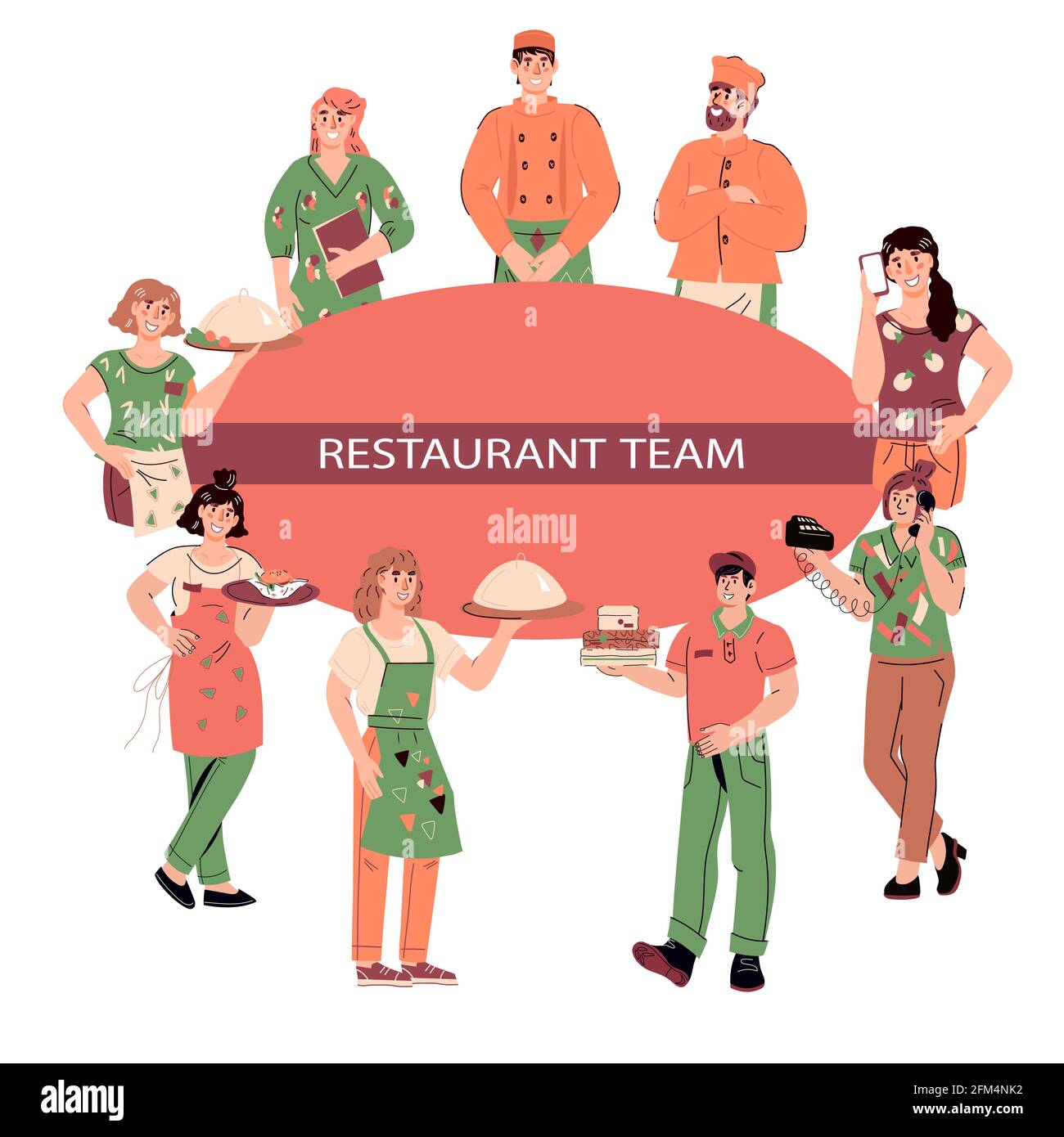 Restaurant or cafe team including kitchen and hosting staff, flat ...