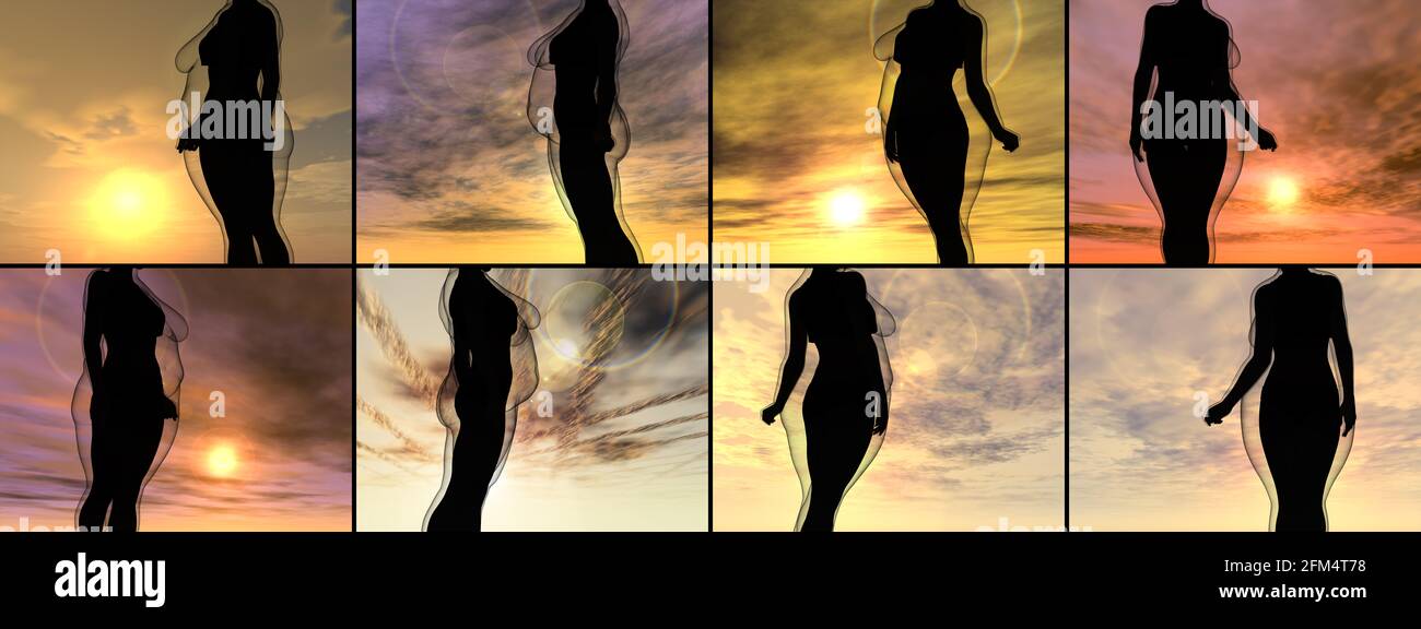 Conceptual fat overweight obese female vs slim fit healthy body after ...
