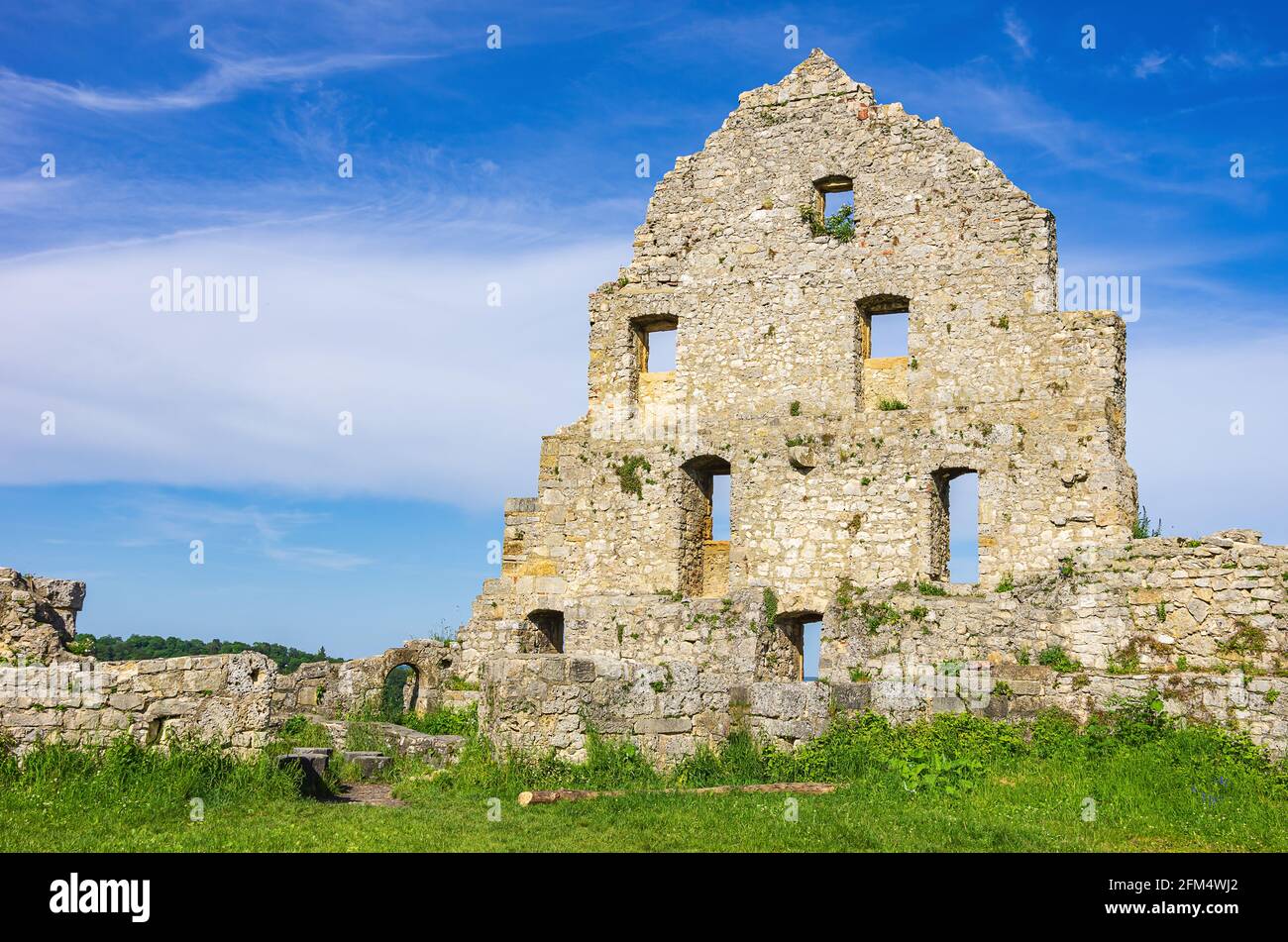 Gable side of a dilapidated building, medieval castle ruins of ...