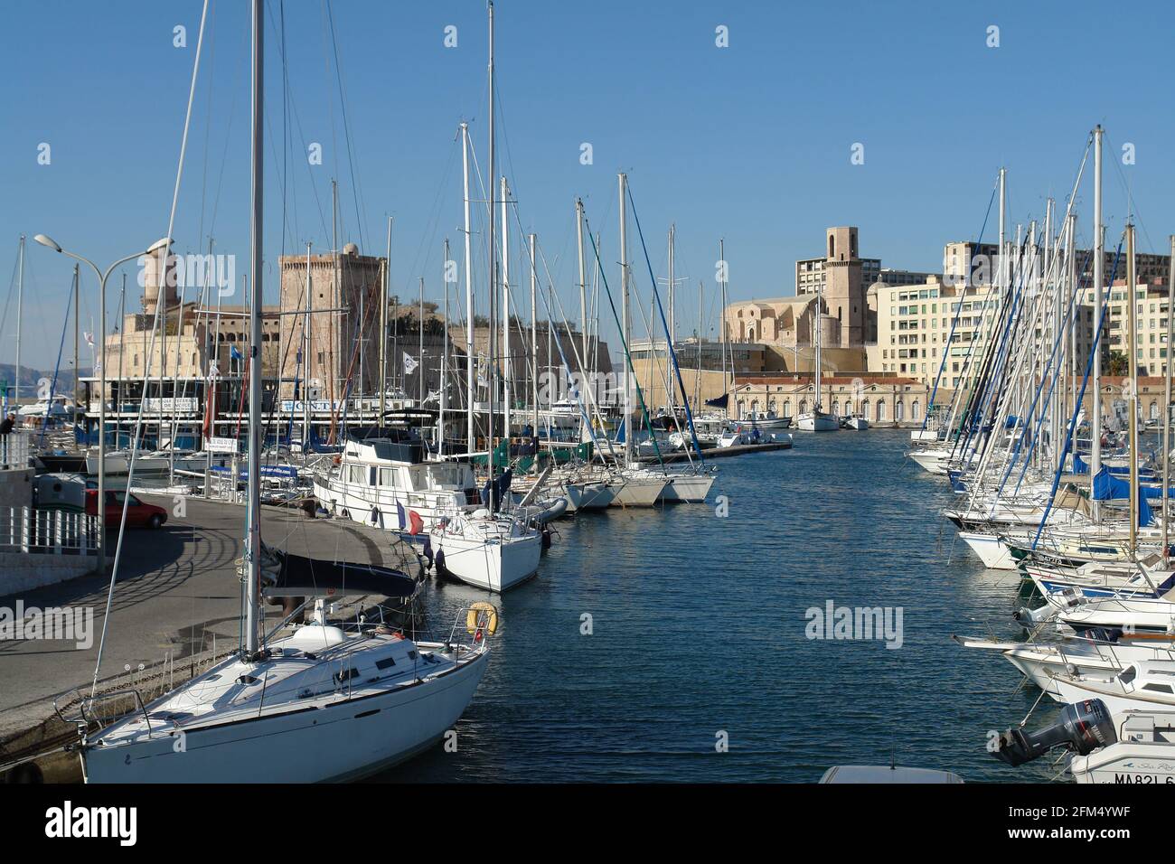 Old port of Marseille with the St Laurent church in the background on ...