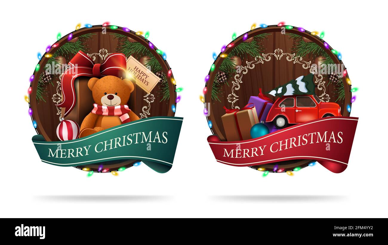 Christmas signs in the shape of a wooden barrel with a greeting ribbon ...