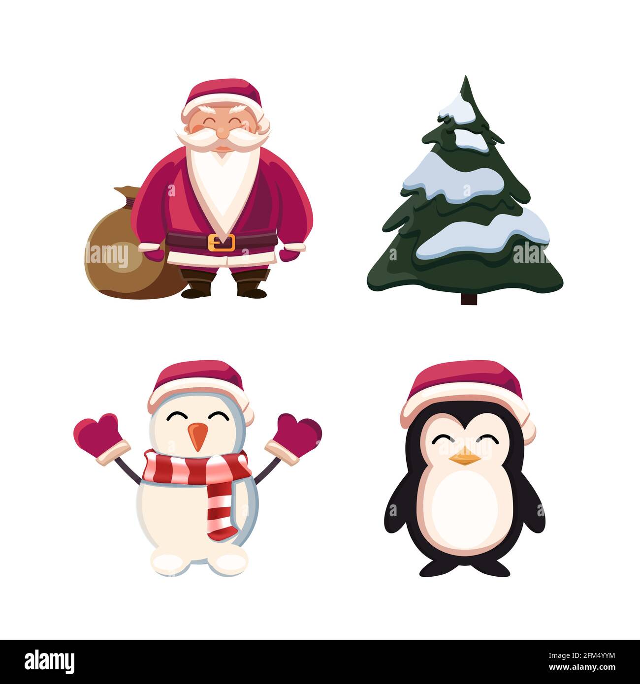 Santa Claus, Christmas tree, snowmen and penguin. Cartoon Christmas ...