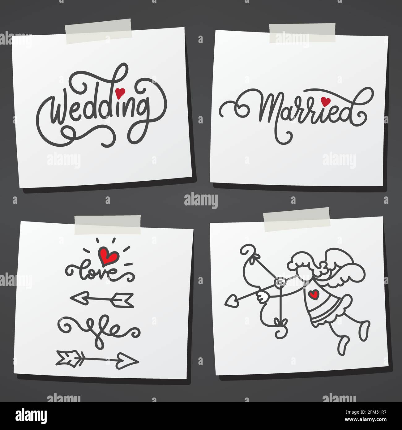 Set of sticky notes with hand drawn stick figure and lettering. Wedding ...