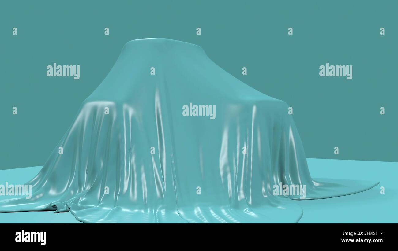 3D illustration - render of blue fabric falling down and cover ...