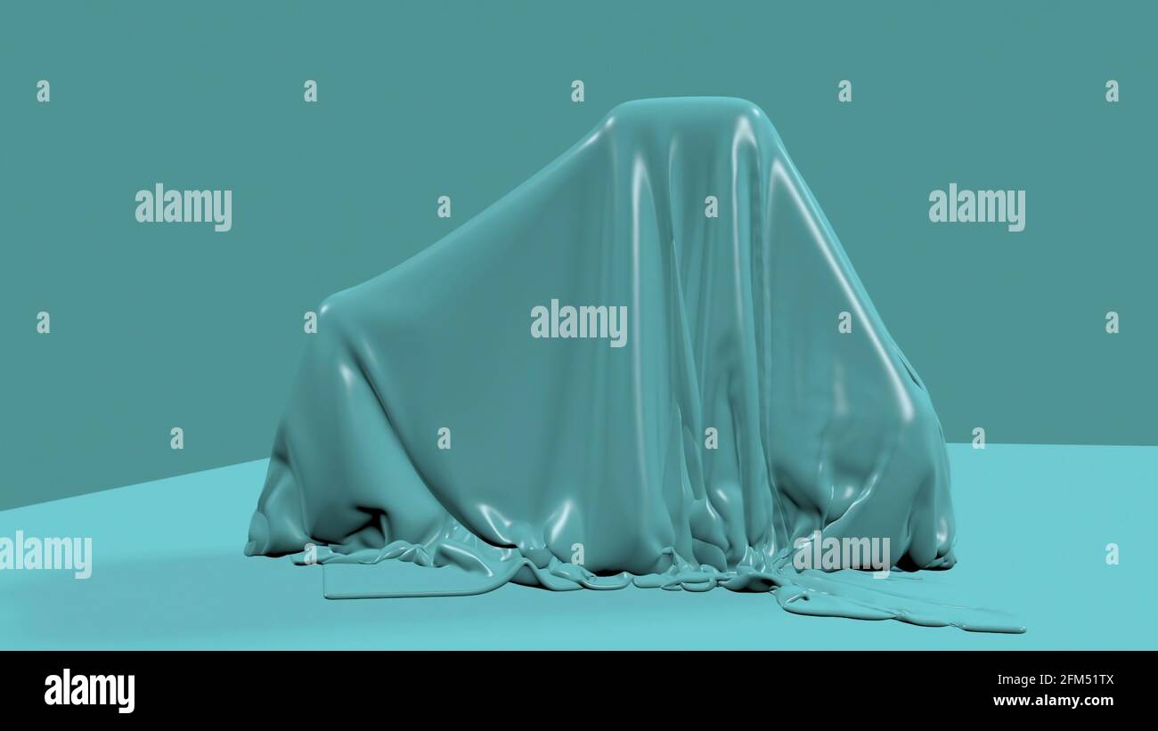3D illustration - render of blue fabric falling down and cover ...