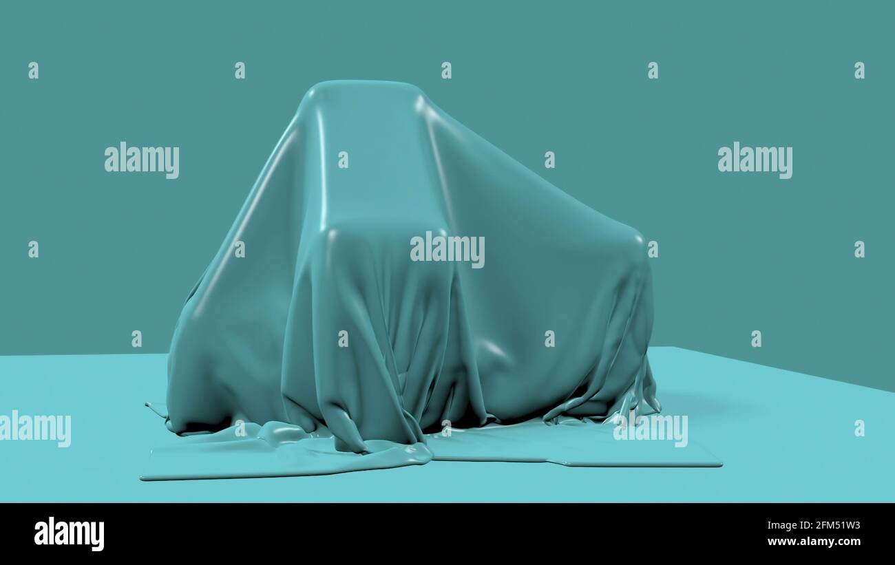 3D illustration - render of blue fabric falling down and cover ...