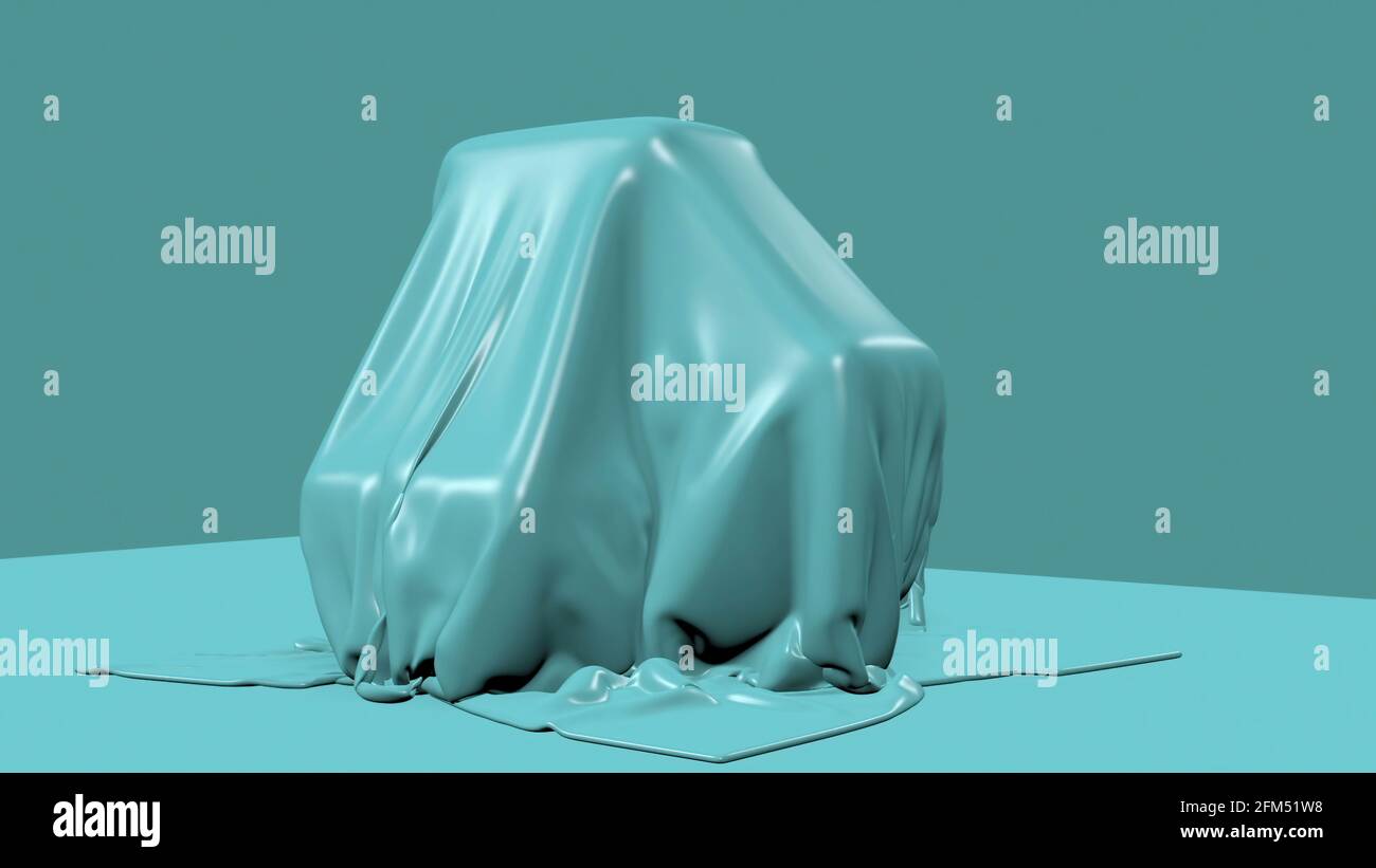 3D illustration - render of blue fabric falling down and cover ...
