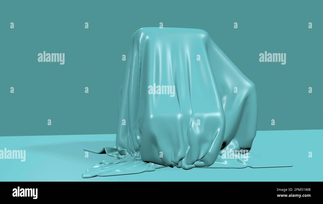 3D illustration - render of blue fabric falling down and cover ...