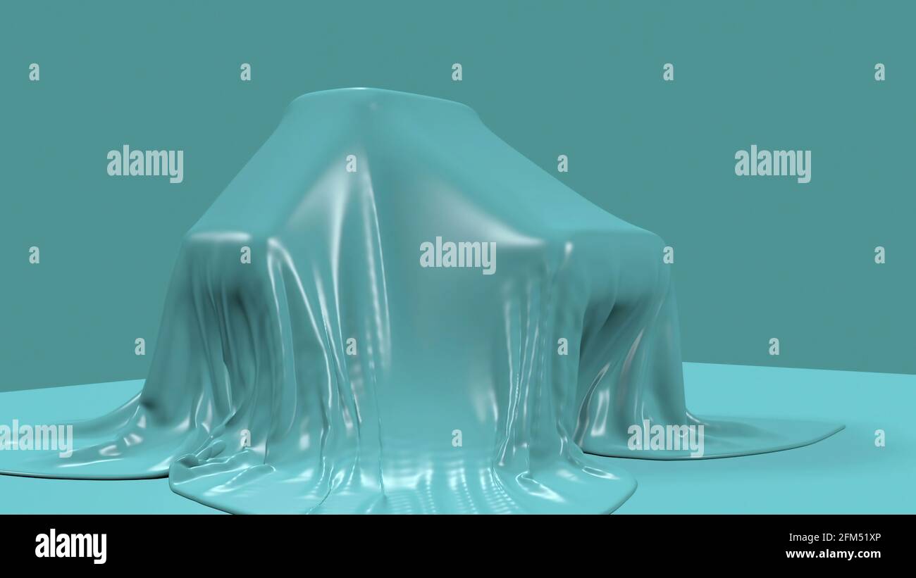 3D illustration - render of blue fabric falling down and cover ...