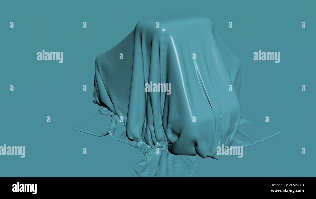 3D illustration - render of blue fabric falling down and cover ...