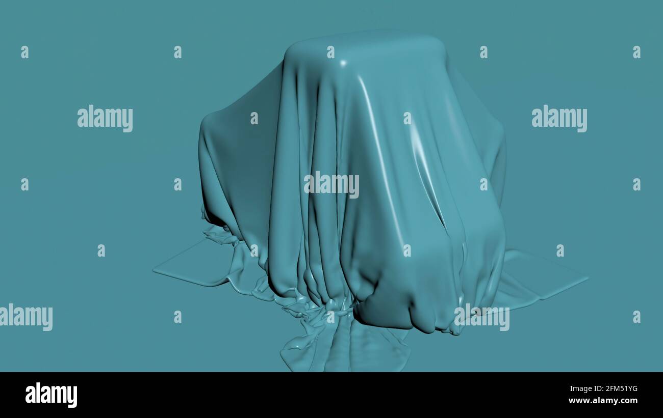 3D illustration - render of blue fabric falling down and cover ...