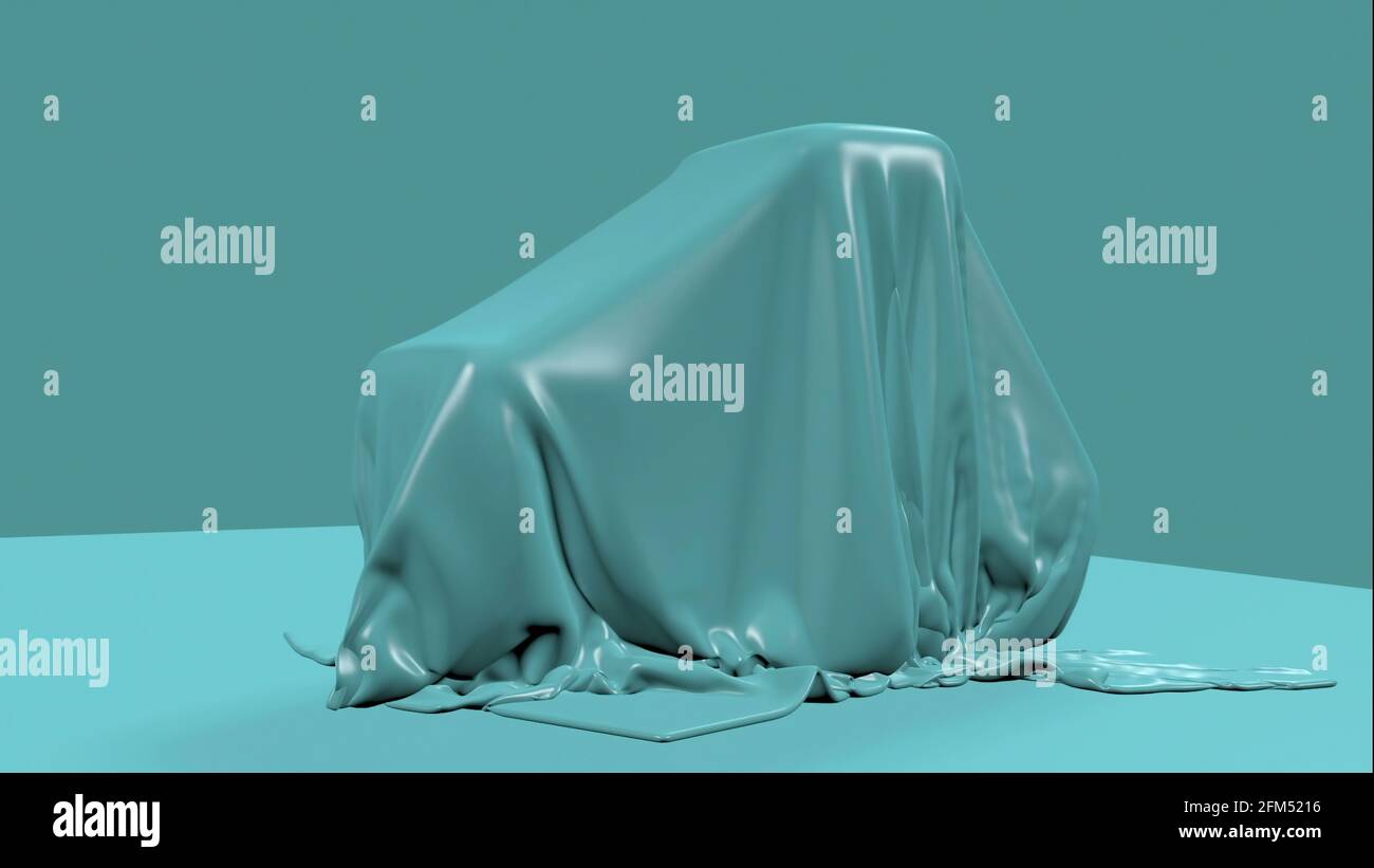 3D illustration - render of blue fabric falling down and cover ...