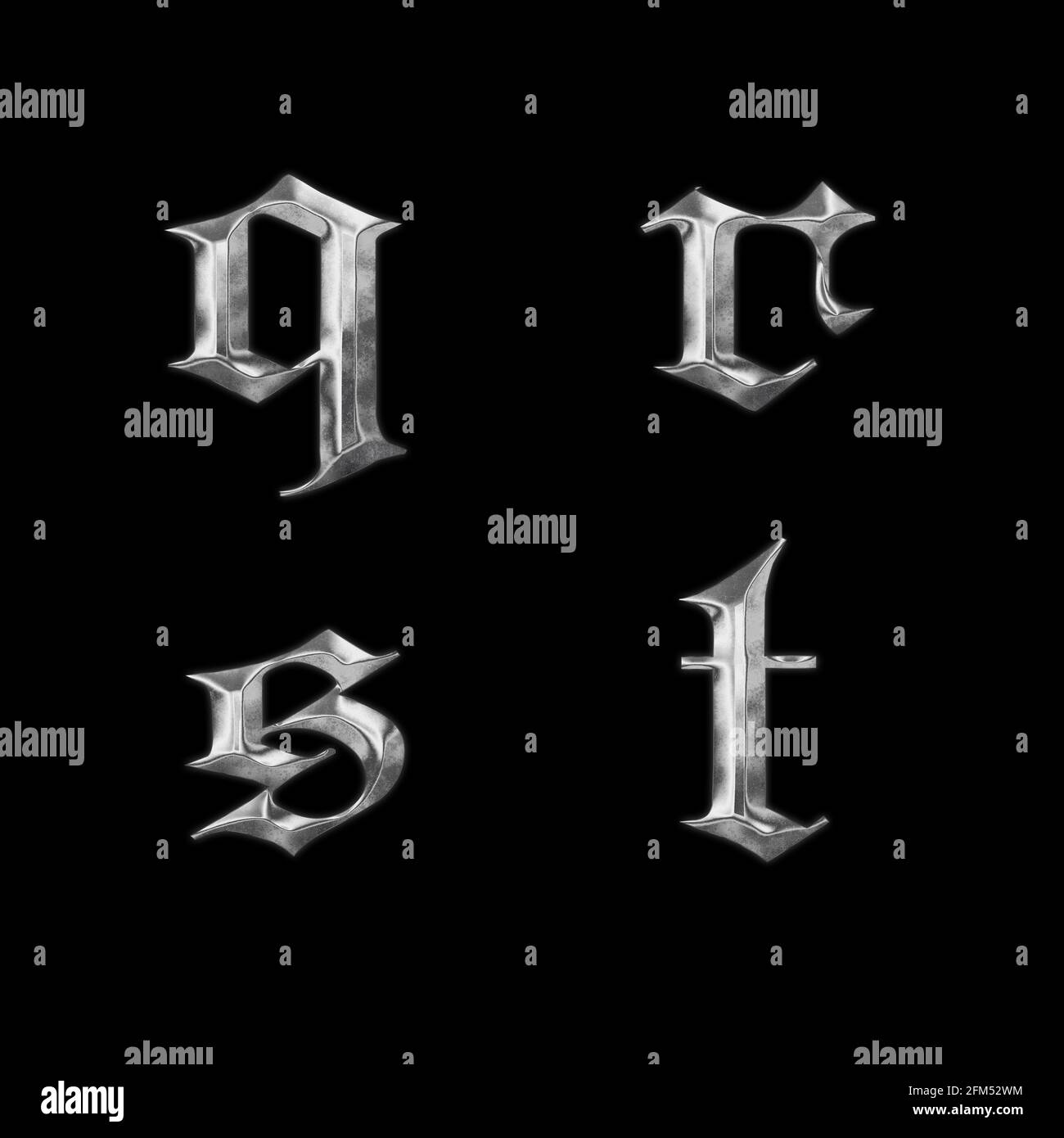 3D rendering of old Gothic metal lowercase alphabet - letters q-t Stock ...
