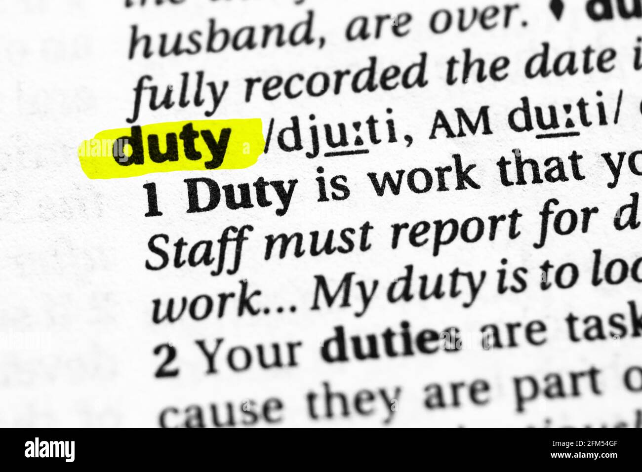 Highlighted word duty concept and meaning Stock Photo - Alamy