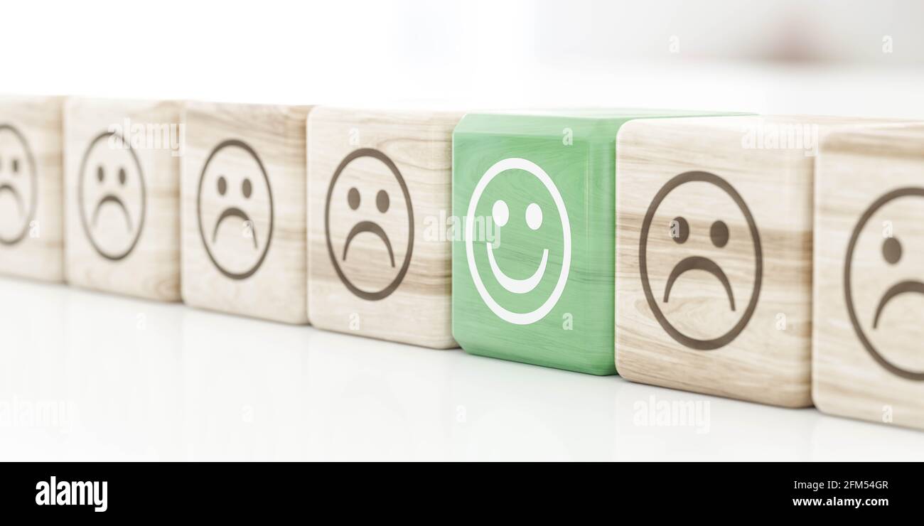 happry emoticon face on green wood cube in a row with sad faces 3d ...