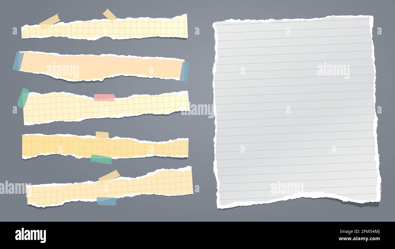 Set of torn yellow, grey note, notebook paper pieces stuck on dark grey ...
