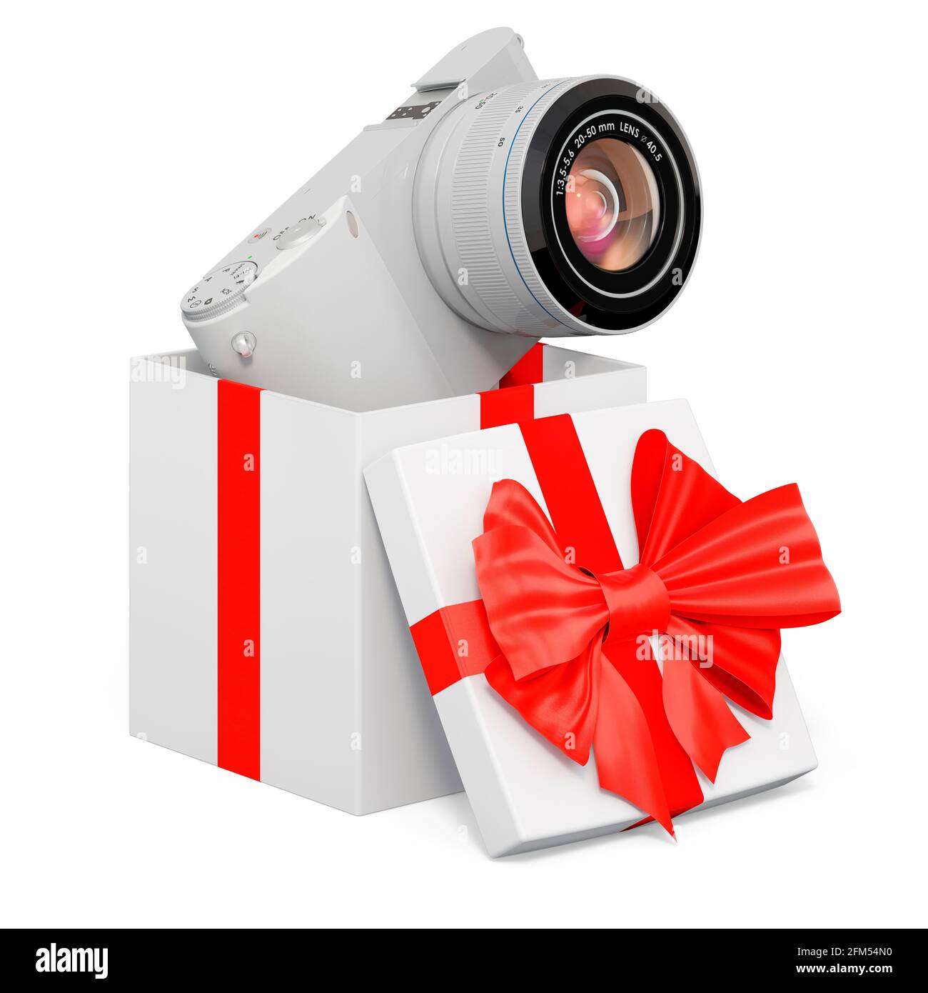 Mirrorless digital camera inside gift box, present concept. 3D ...