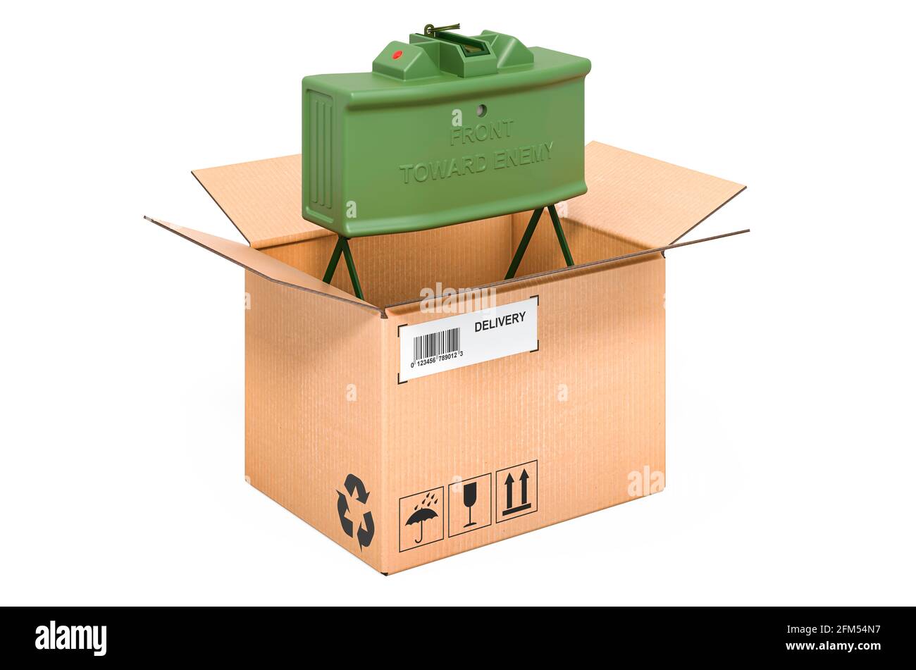 Anti-personnel mine inside cardboard box, delivery concept. 3D ...