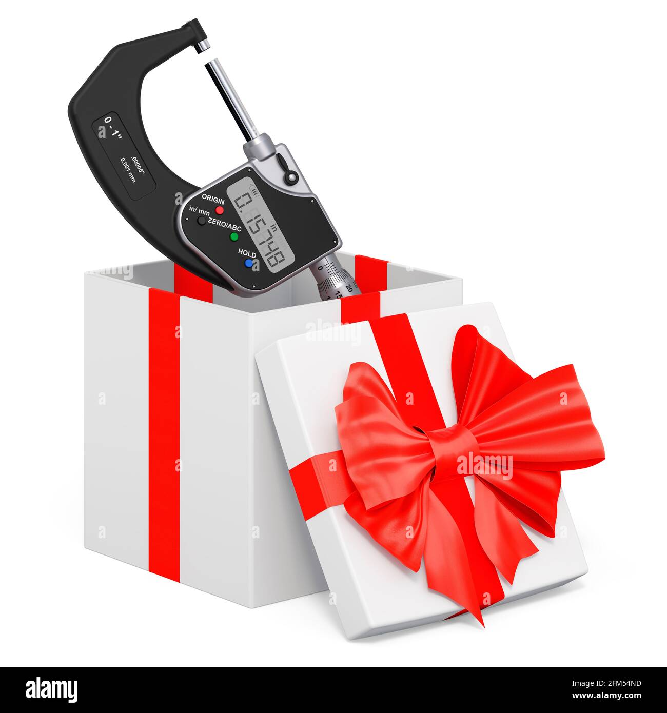 Digital micrometer inside gift box, present concept. 3D rendering ...