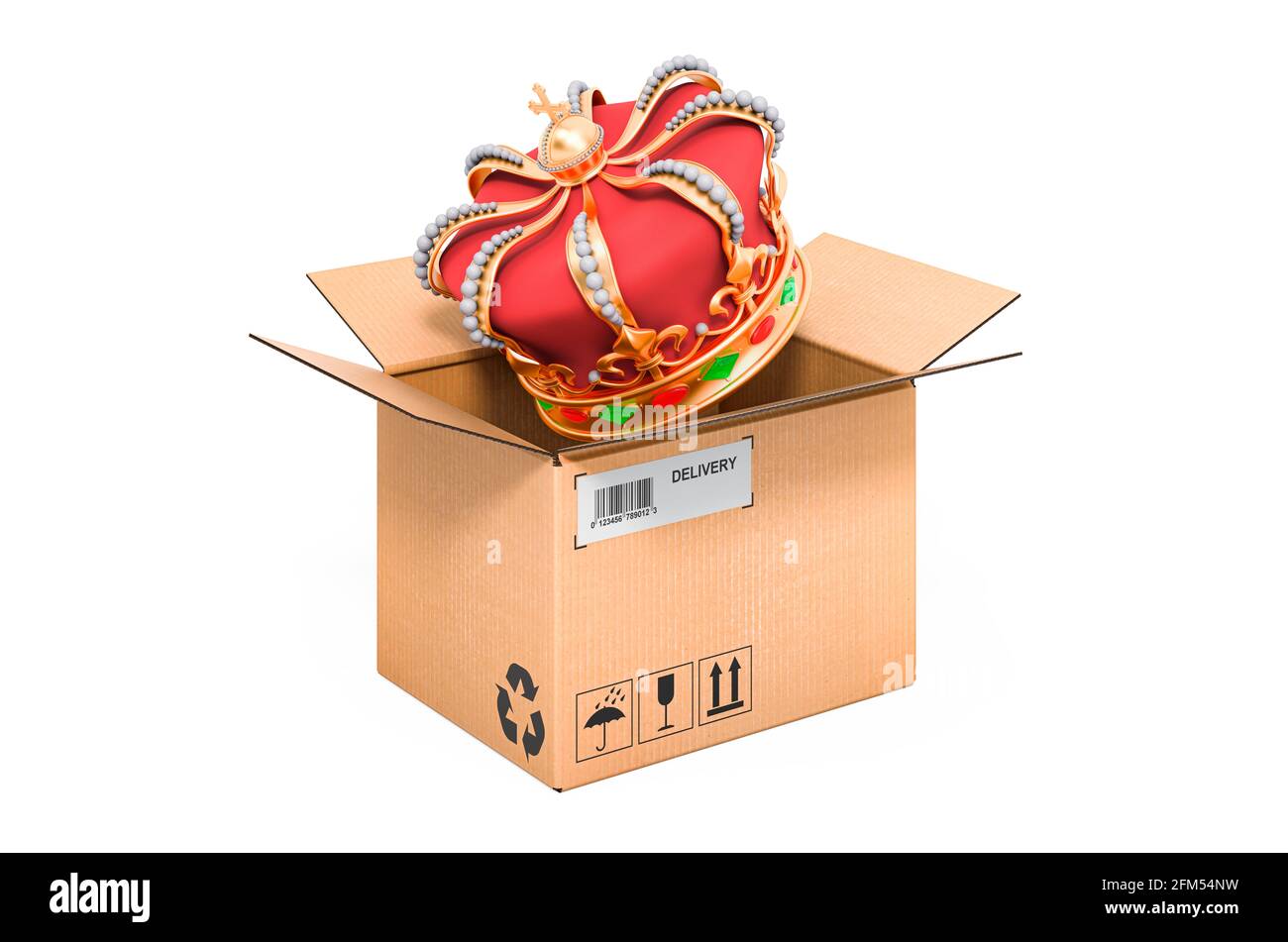 Golden crown inside cardboard box, delivery concept. 3D rendering ...