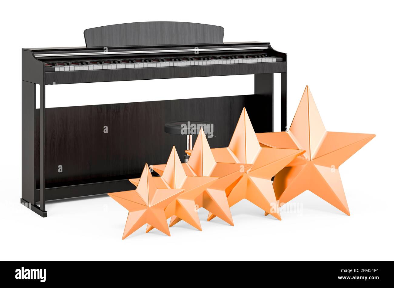 Rating of digital piano concept. Piano keys with five golden stars, 3D ...