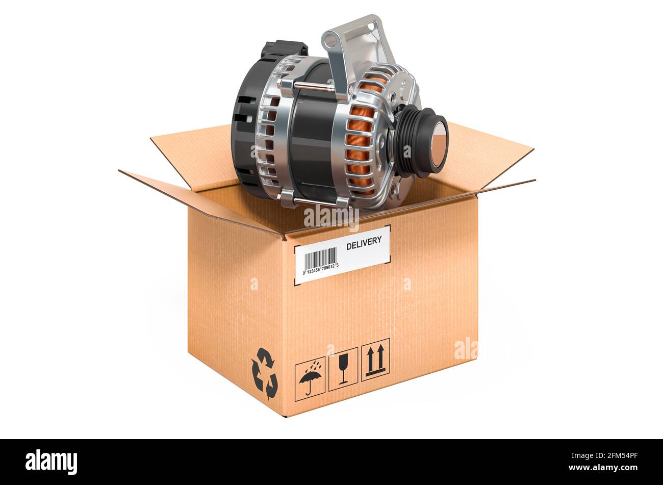 Starter inside cardboard box, delivery concept. 3D rendering isolated ...