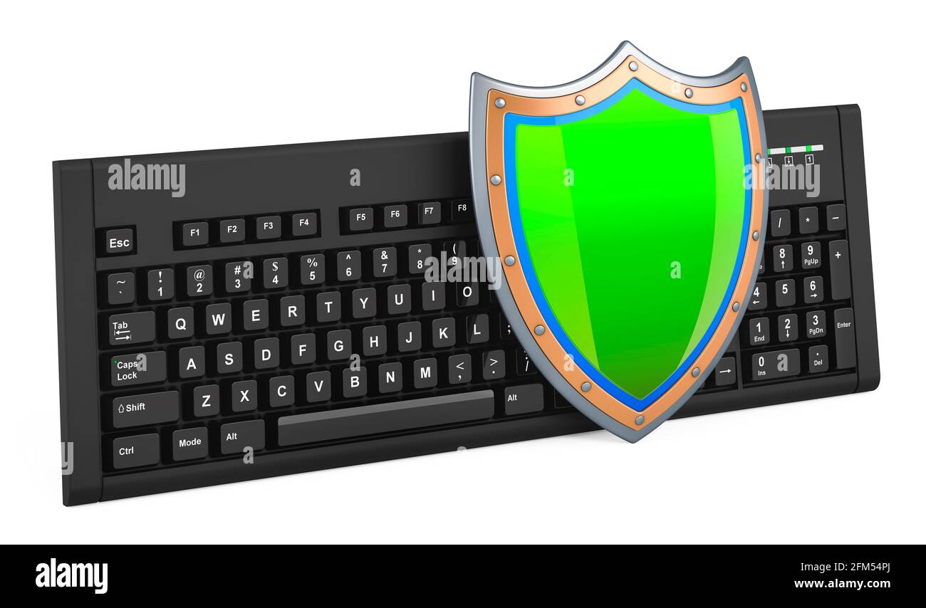 Computer keyboard with shield, 3D rendering isolated on white ...