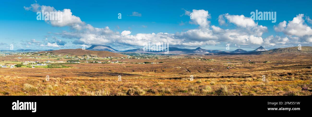 Panorama from the base of Cnoc Fola across cut bogland towards the ...