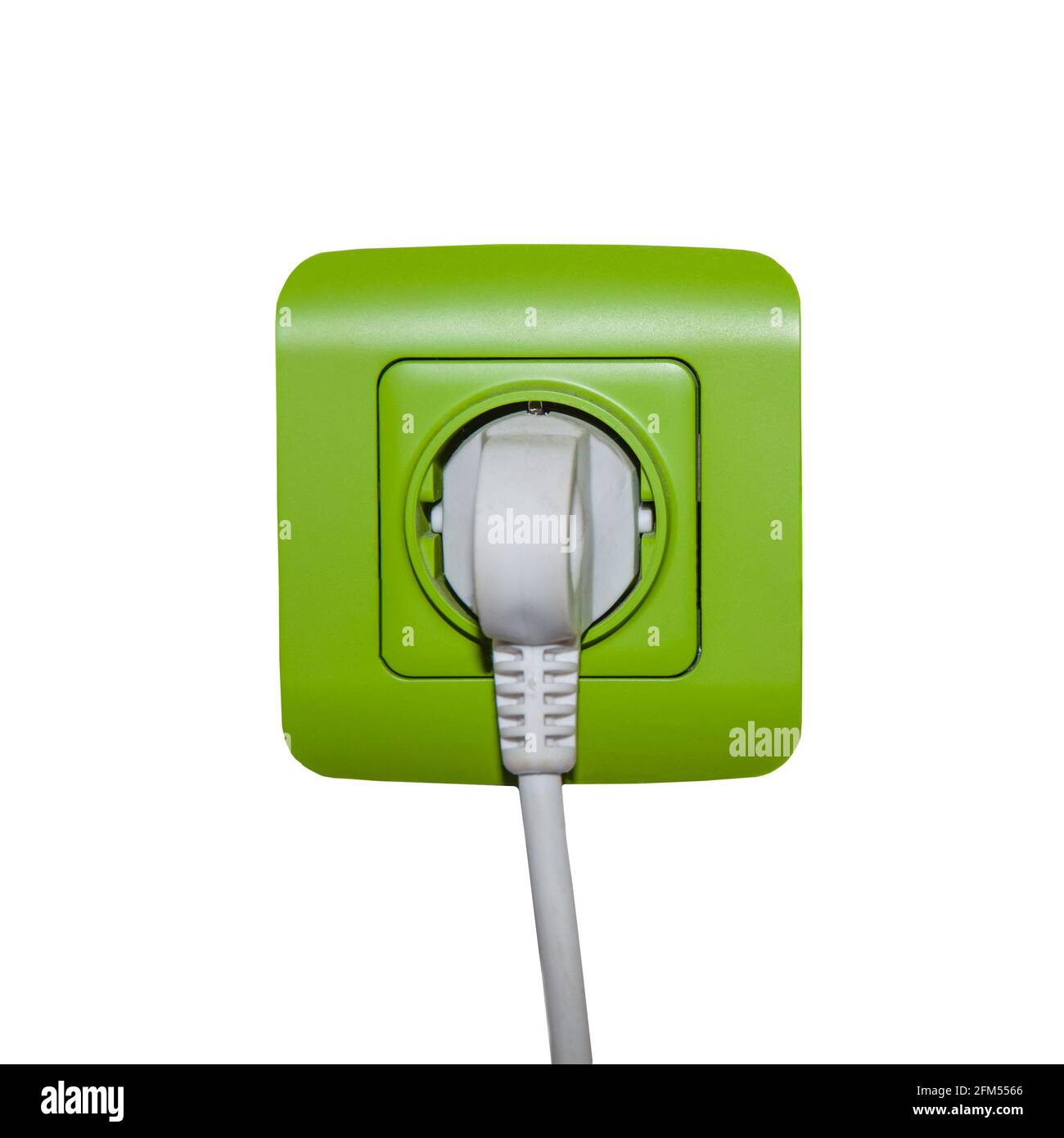 A green socket with a white plug plugged into it is isolated on a white ...