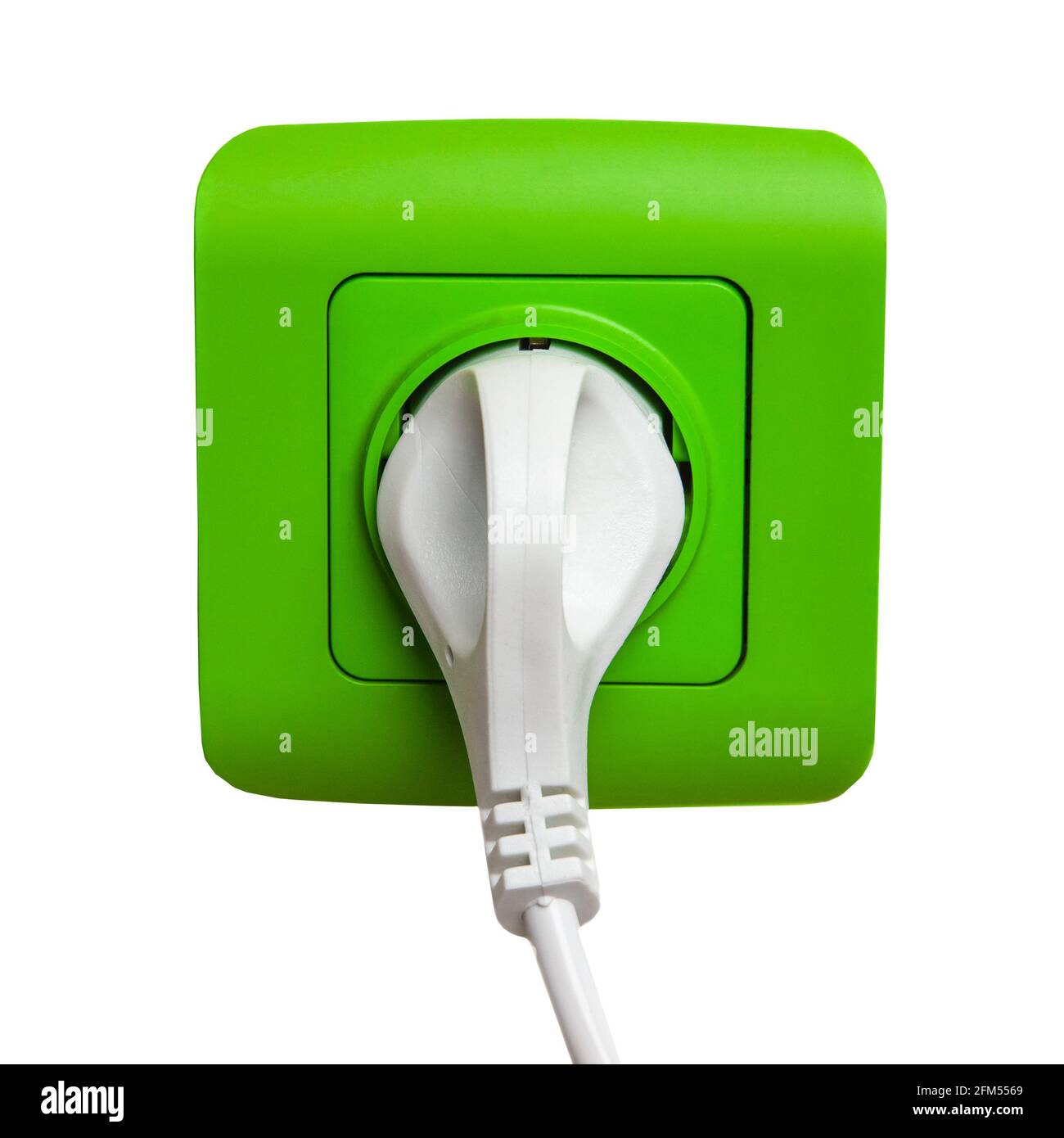 Green European socket with white plug isolated on white background ...