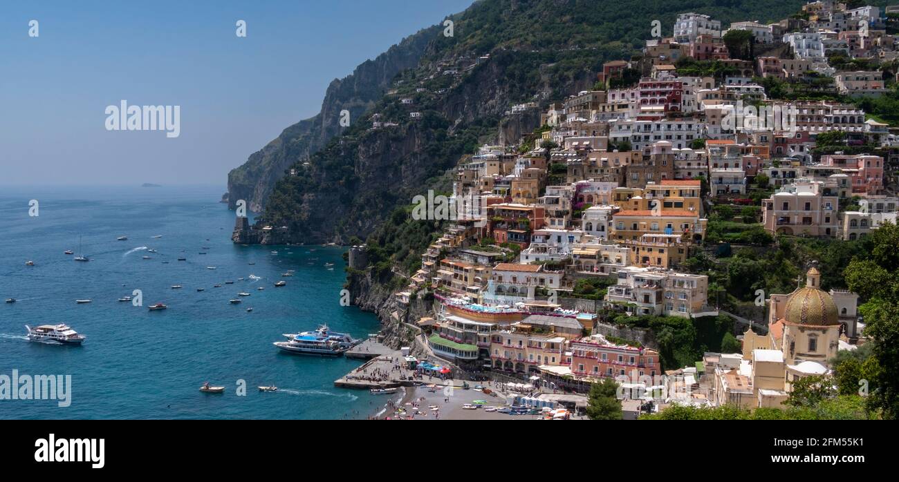 close up of positano village and beach on the amalfi coast on a summer ...