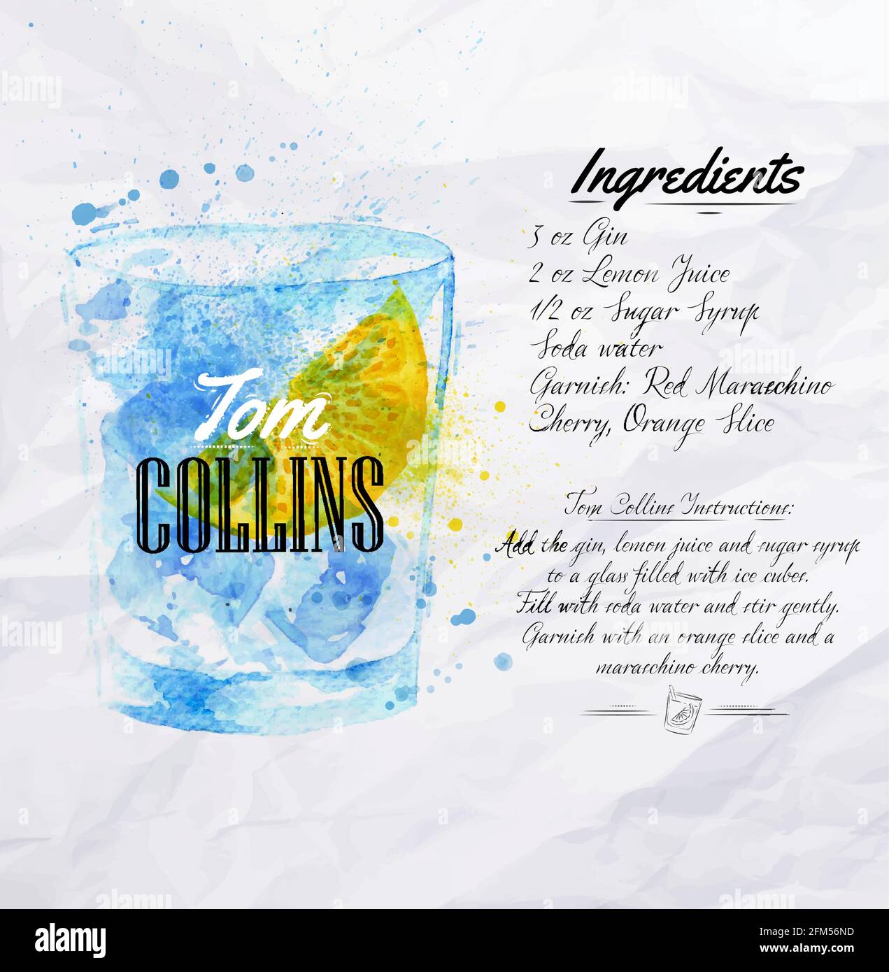 Tom Collins cocktails drawn watercolor blots and stains with a spray ...