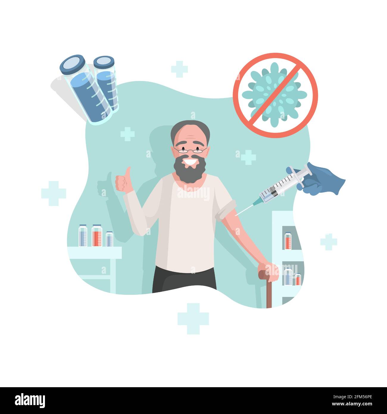 Vaccination of happy smiling old man against different diseases vector ...