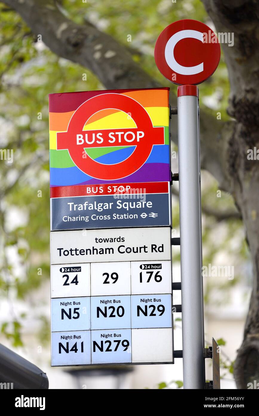 London, England, UK. Rainbow bus stop sign in Trafalgar Square ...