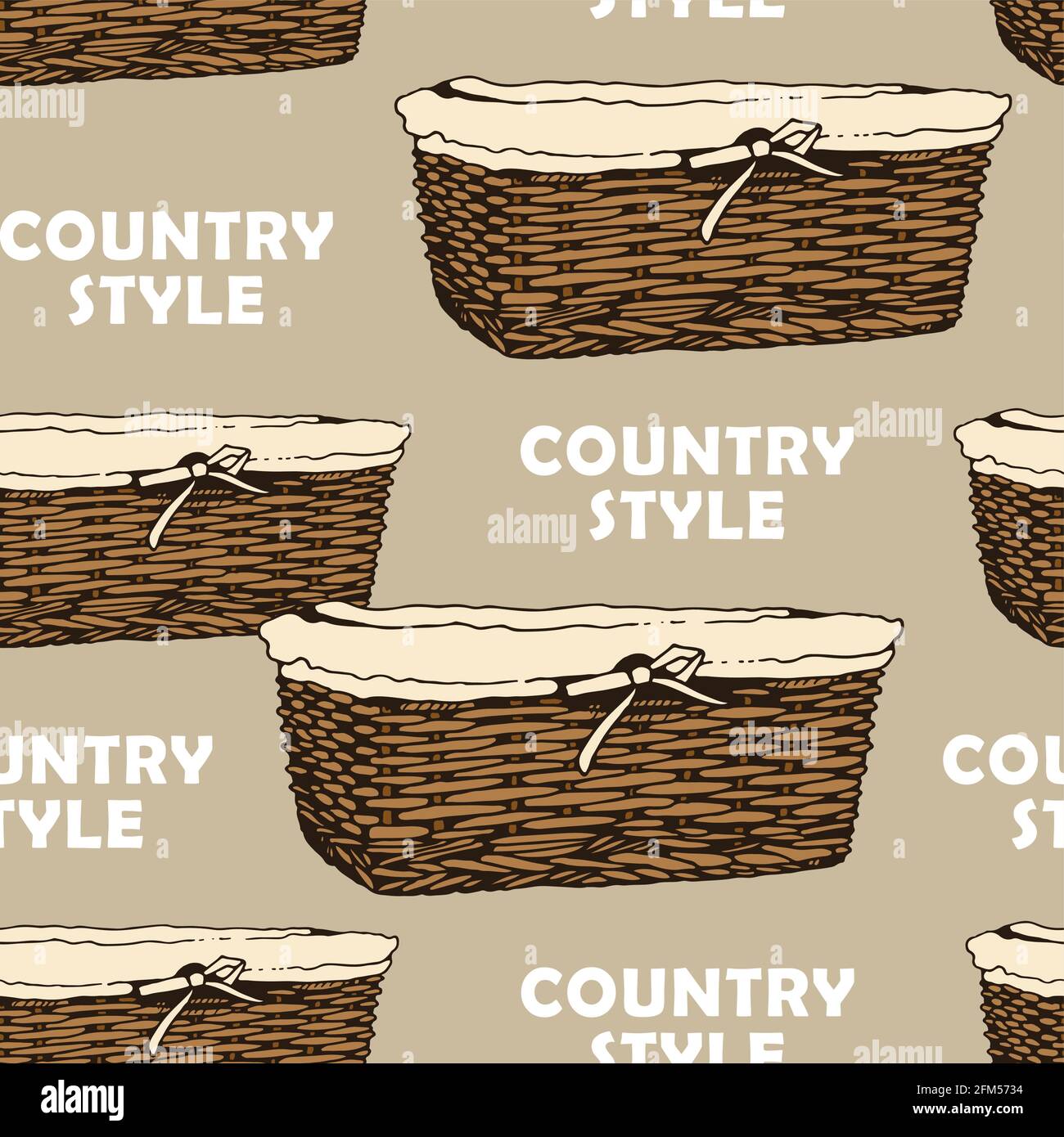 Wicker basket sketch vector seamless pattern, hand drawn square basket ...