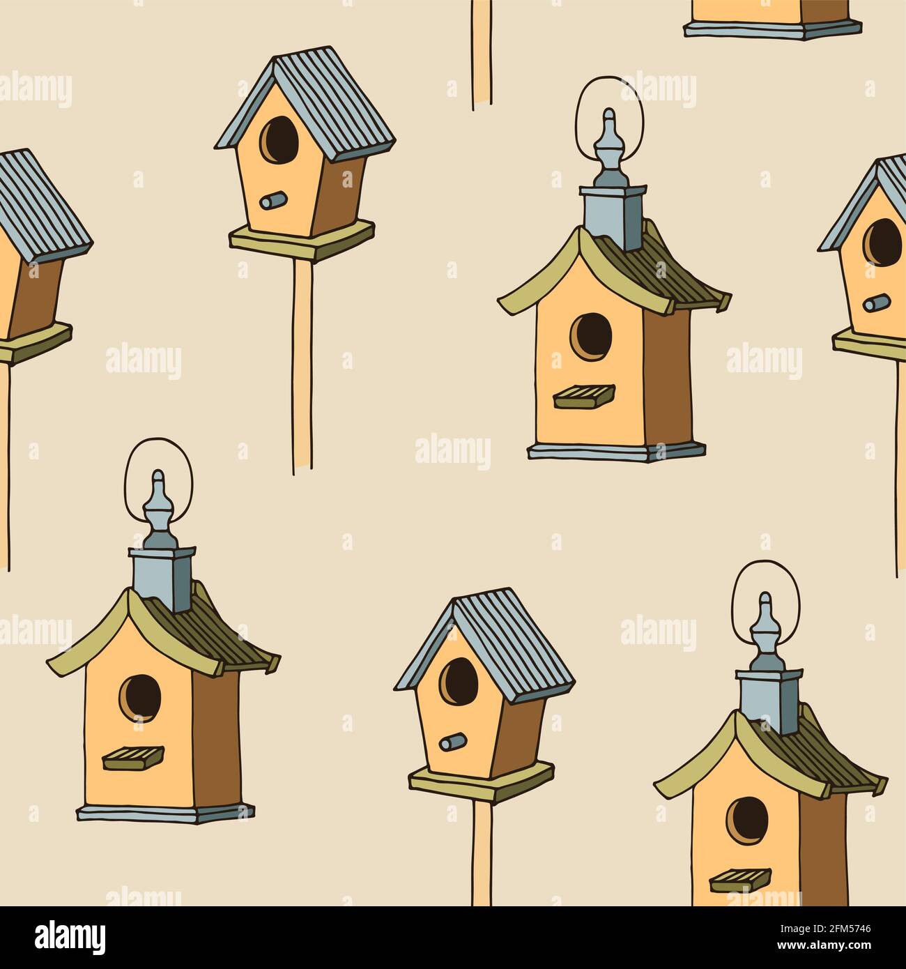 Bird feeders vector seamless pattern, hand drawn sketch isolated on ...