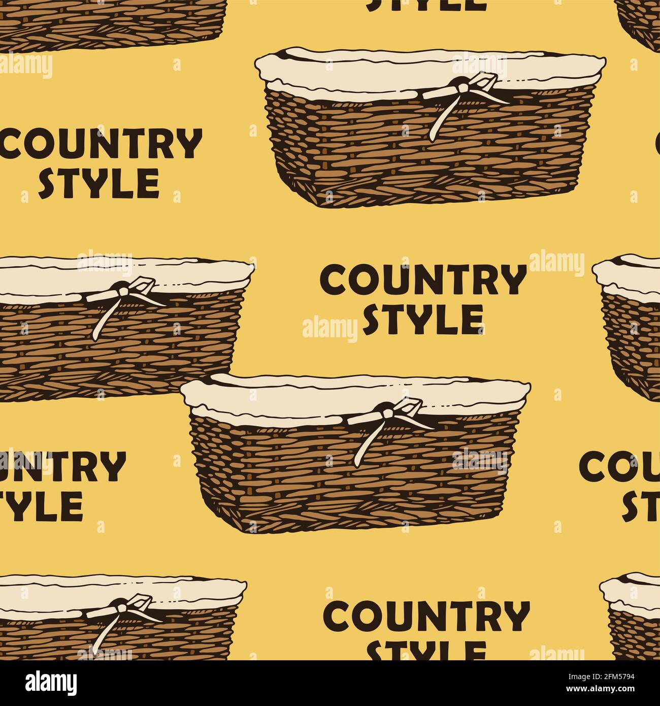 Wicker basket sketch vector seamless pattern, hand drawn square basket ...