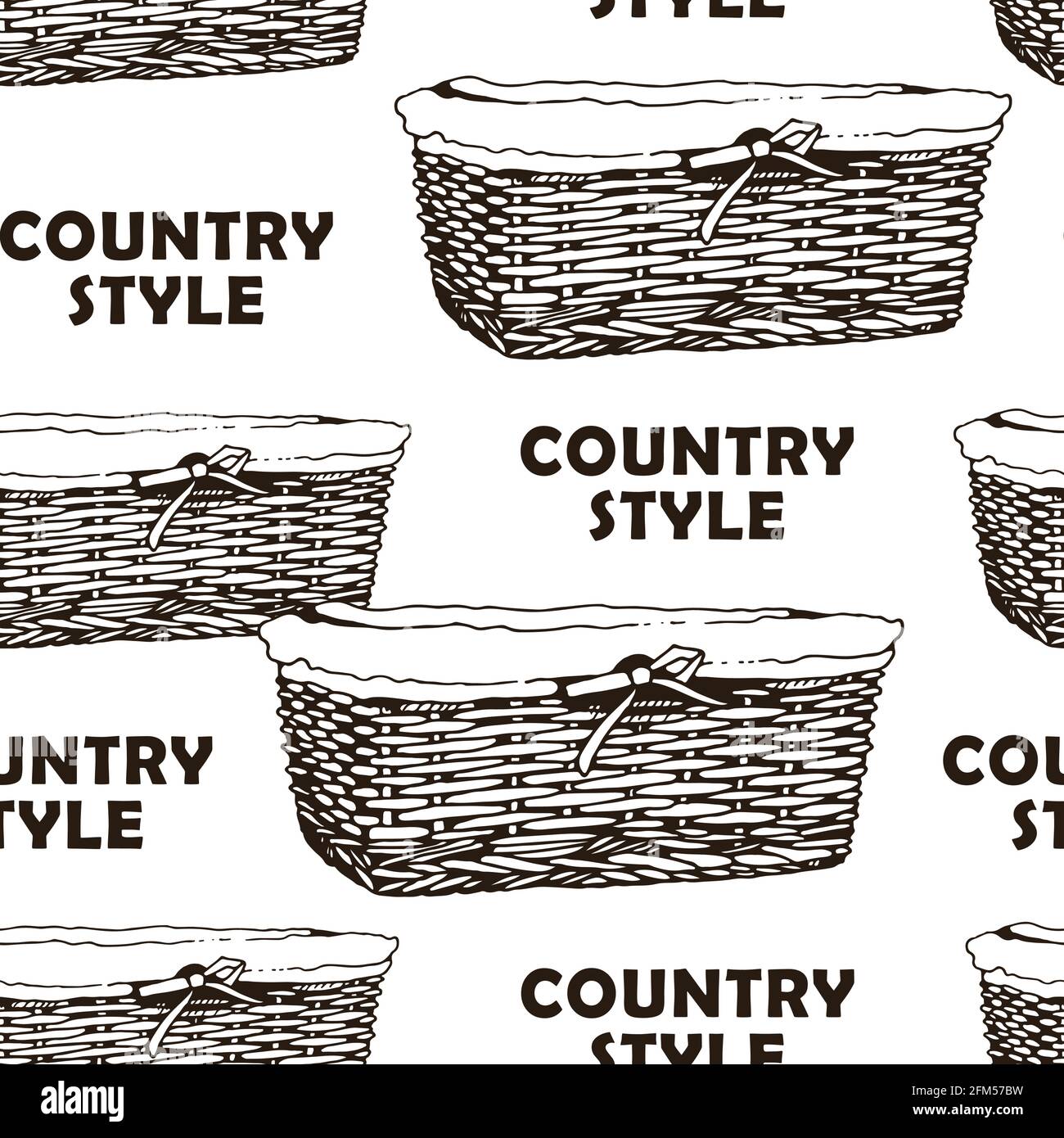 Wicker basket sketch vector seamless pattern, hand drawn square basket ...