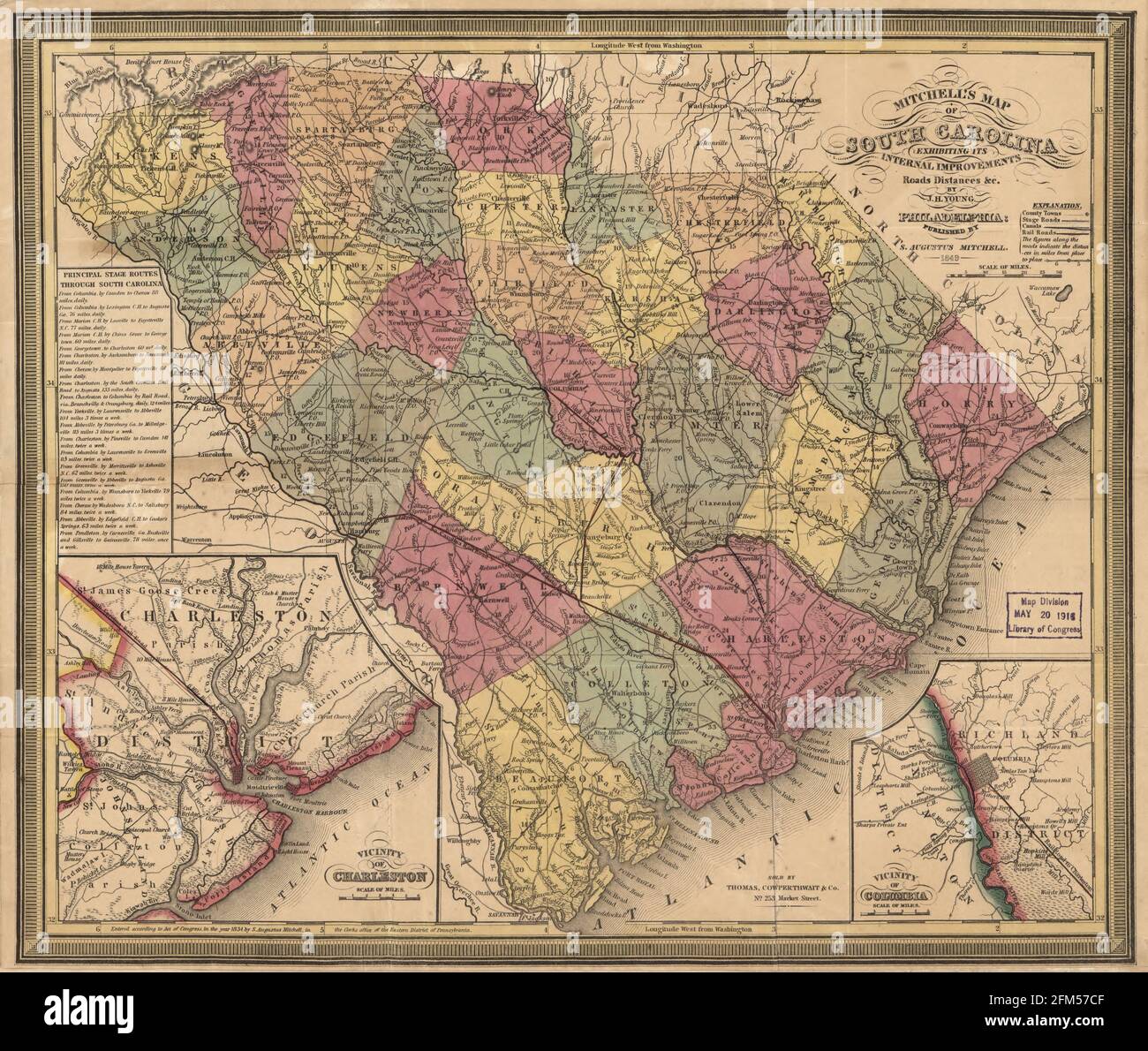 Vintage copper engraved map of South Carolina from 19th century. All ...