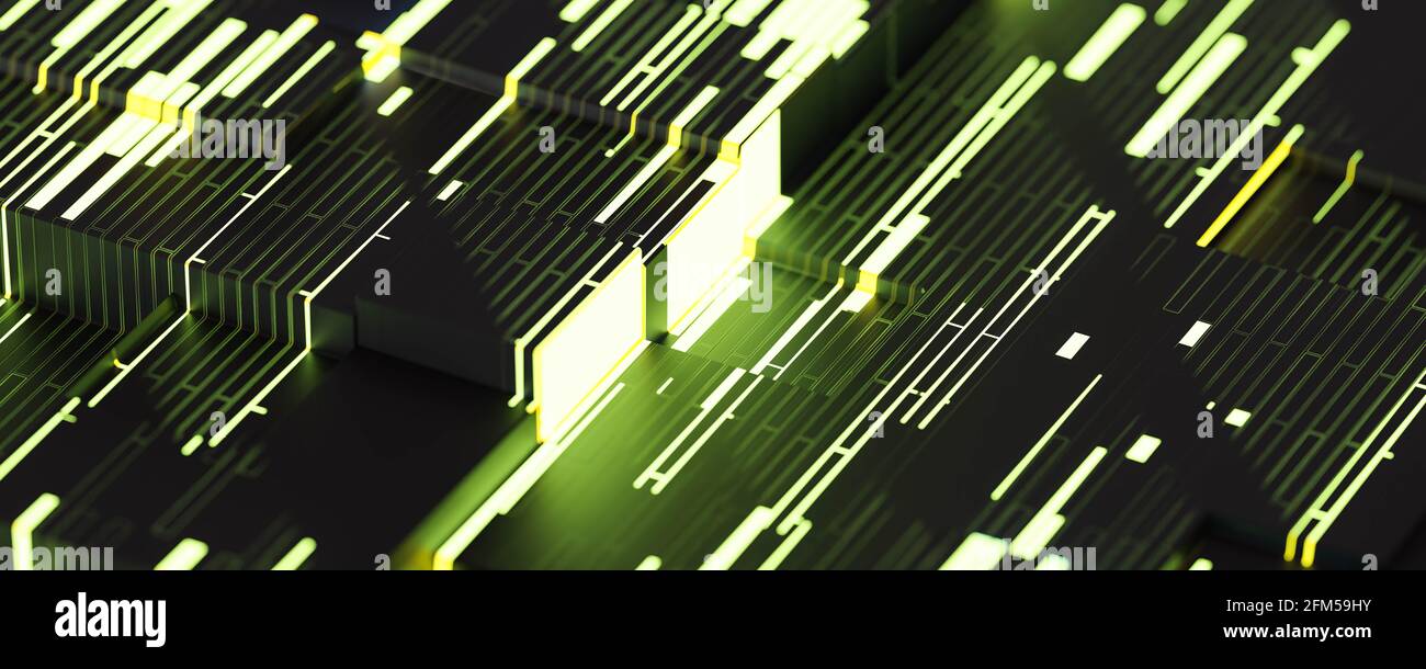 circuit board computer hardware with green led lighting 3d render ...