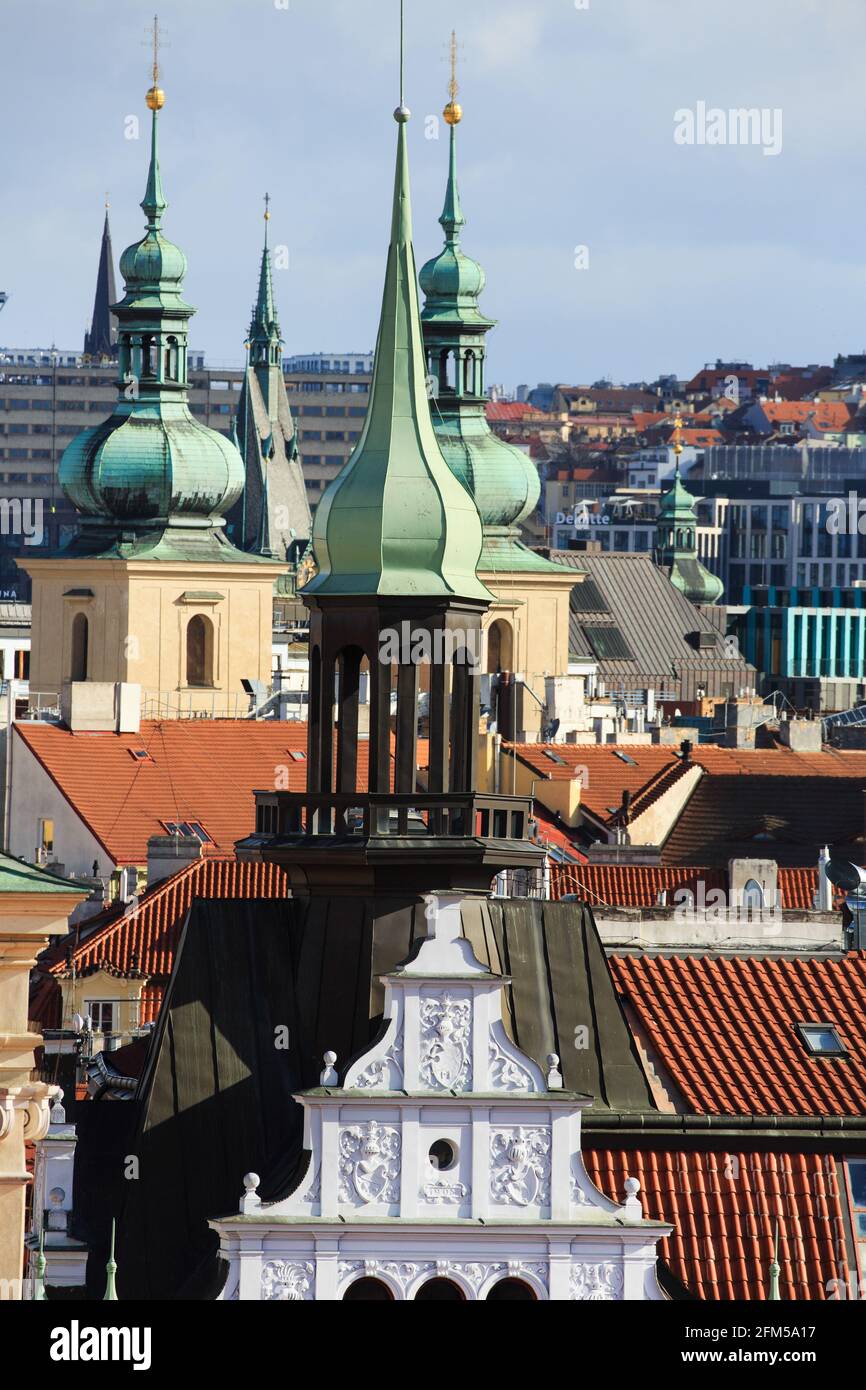 Copper green roofs on towers and spires in Prague, Czech republic Stock ...