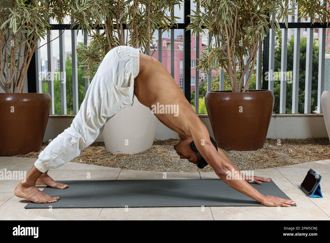 Young Brazilian man doing online yoga class with head phone, in the ...