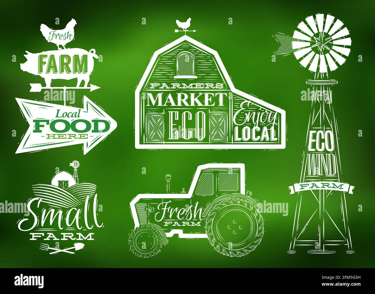 Farm characters in vintage style lettering in tractor barn and the mill ...