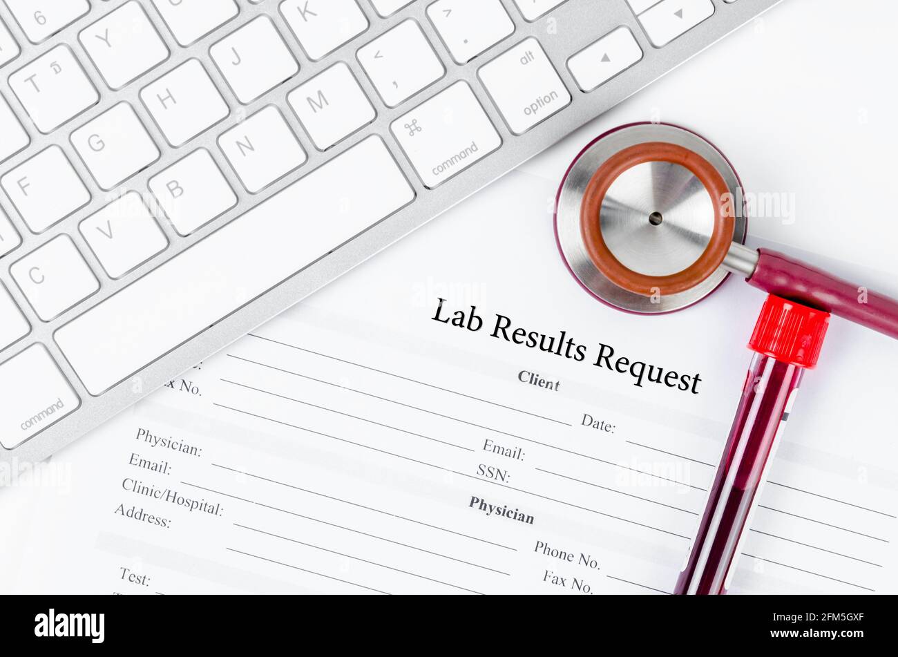 Lab results request form and sample blood in tube with stethoscope ...