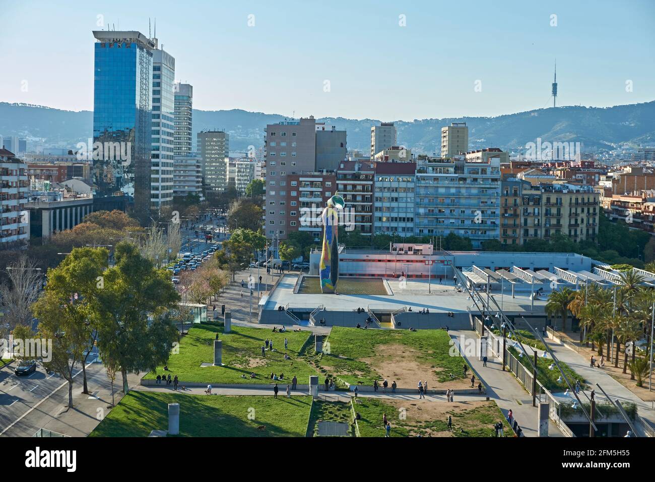 Barcelona skyline and Joan Miro square, Plaça Espanya, Barcelona, Spain ...