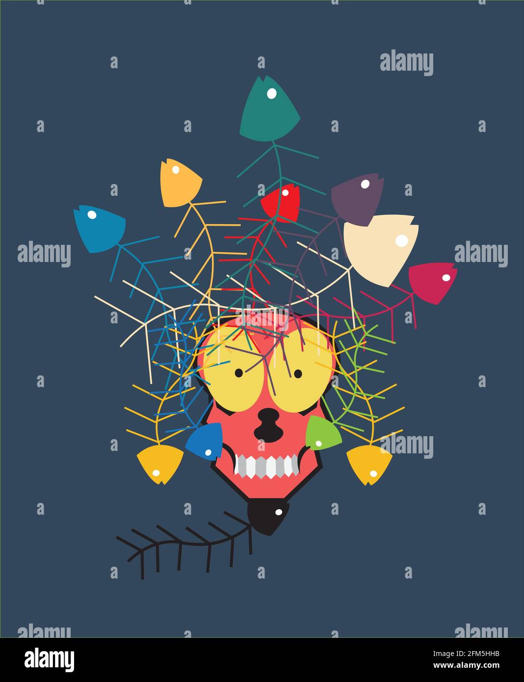 illustration of a skull with fish skeletons on his head, isolated on a ...